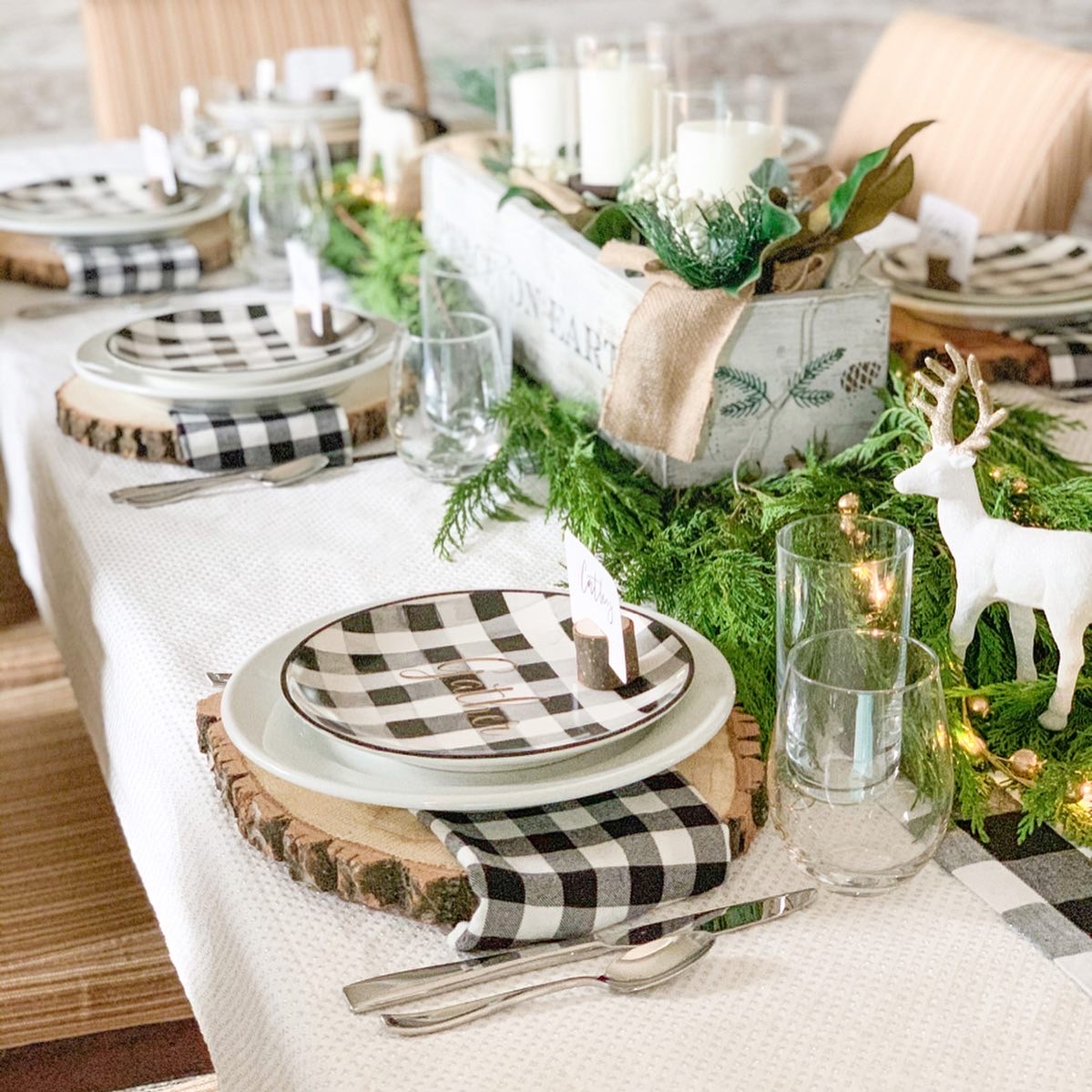 Rustic Woodland Christmas Table Decorations with Buffalo Check